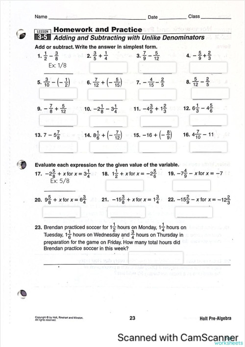 Lesson 3.5 Adding and Subtracting with Unlike Denominators (8th ...