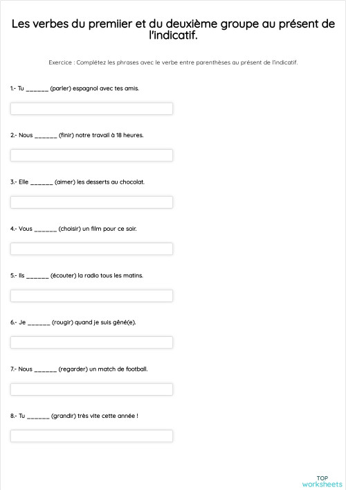 Les verbes réguliers du premier et du deuxième groupe au présent de l'indicatif.. Fiche ...