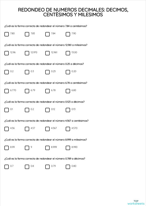 REDONDEO DE NUMEROS DECIMALES: DECIMOS, CENTÈSIMOS Y MILESIMOS. Ficha ...