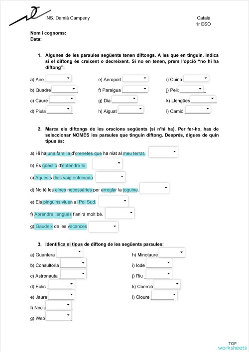 Diftongs i hiats. Activitats finals. Fitxa interactiva | TopWorksheets Diftongs i hiats. Activitats finals. Fitxa interactiva | TopWorksheets