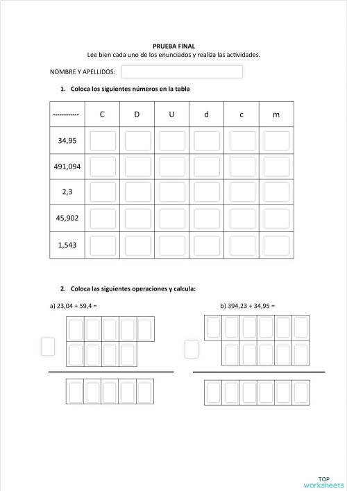 Prueba final. Ficha interactiva | TopWorksheets