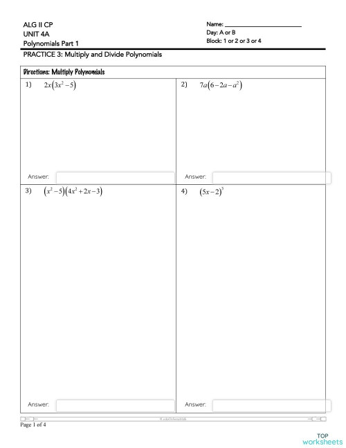 U4A Practice 3 Multiply and Divide Polynomials. Interactive worksheet ...