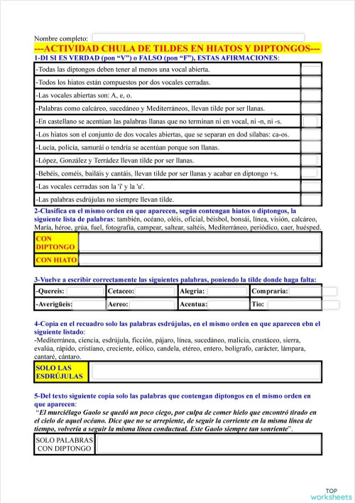 Hojas De Trabajo Sobre Diptongos Vocálicos