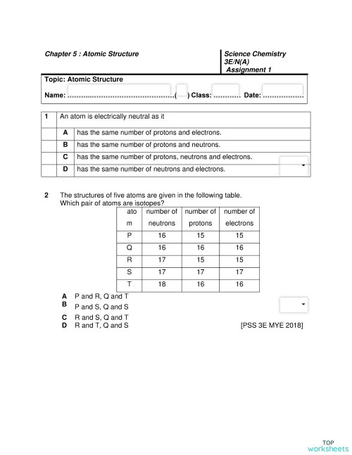 Topic 3 Atomic Structure 1. Interactive worksheet | TopWorksheets