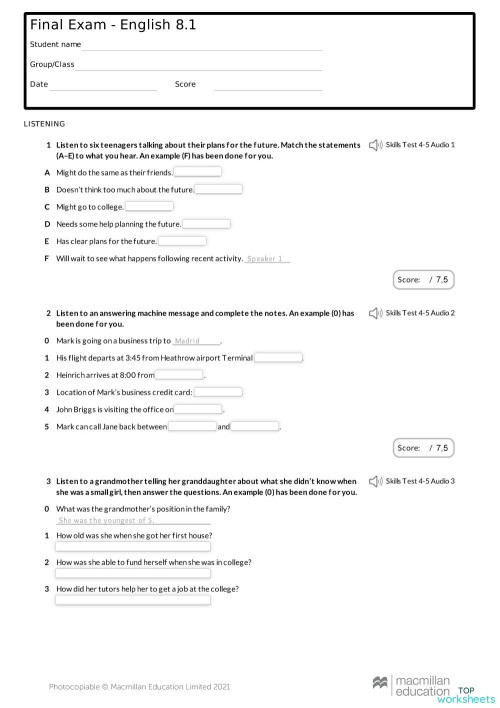 Final Exam - English 8.1. Interactive worksheet | TopWorksheets