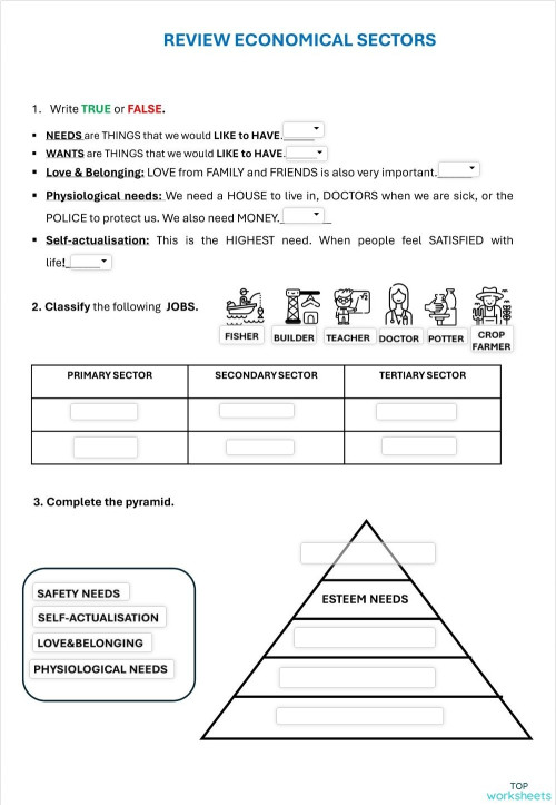 ECONOMICAL SECTOR AND NEEDS. Interactive worksheet | TopWorksheets