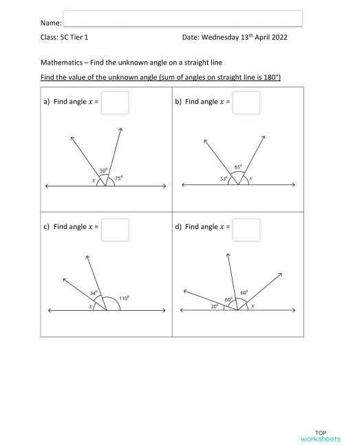 Angle on a straight line. Interactive worksheet | TopWorksheets