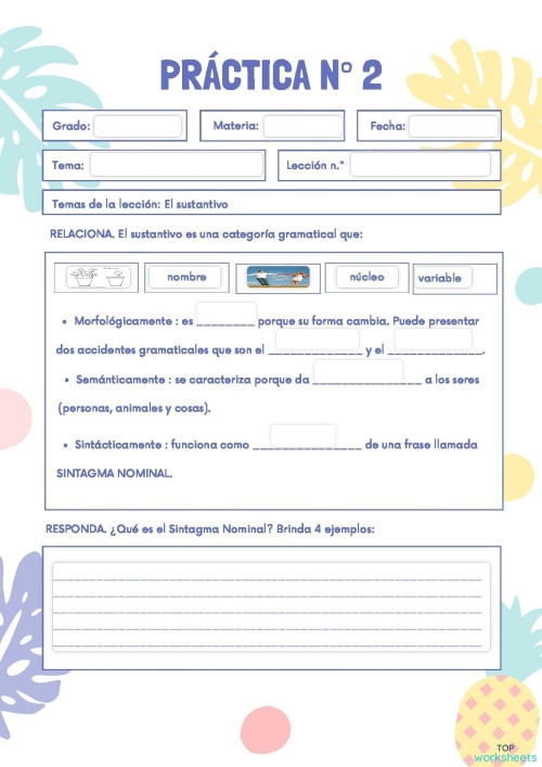 PRÁCTICA DEL SUSTANTIVO. Ficha interactiva | TopWorksheets