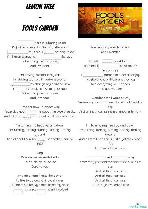 Lemon Tree - Fools Garden. Interactive worksheet | TopWorksheets