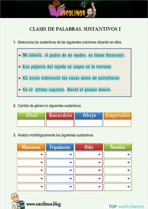 Clases de palabras. Sustantivos I. Ficha interactiva | TopWorksheets
