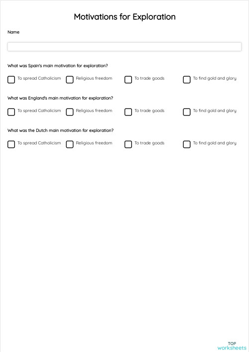 Motivations for Exploration. Interactive worksheet | TopWorksheets
