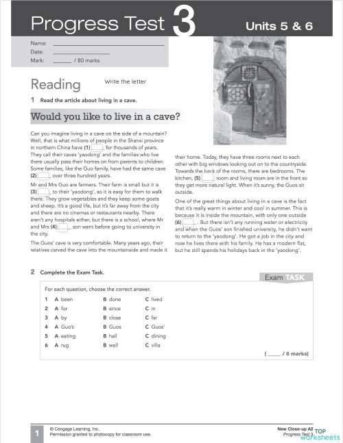 Close-up A2 Progress Test 3 Reading. Interactive worksheet | TopWorksheets