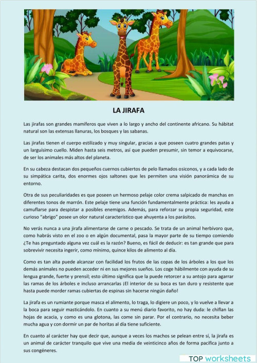 Lectura: La jirafa. Ficha interactiva | TopWorksheets