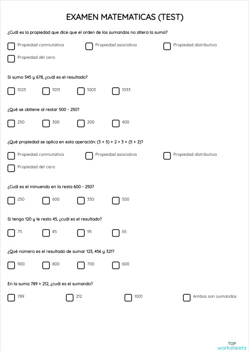 EXAMEN MATEMATICAS (TEST). Ficha interactiva | TopWorksheets
