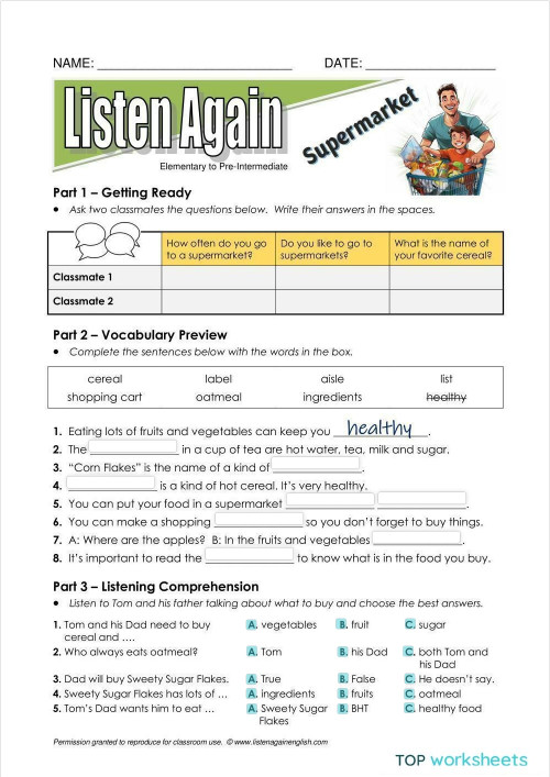 Supermarket Listening. Interactive worksheet | TopWorksheets