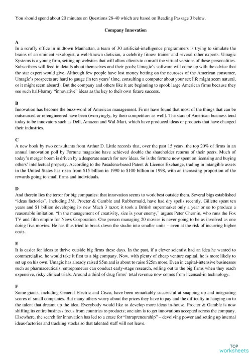 COMPANY INNOVATION. Interactive worksheet | TopWorksheets