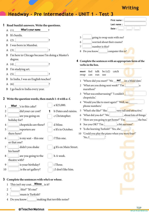 Headway - Pre intermediate - UNIT 1 - Test 3. Interactive worksheet ...