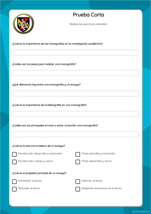 Prueba Corta. Ficha interactiva | TopWorksheets