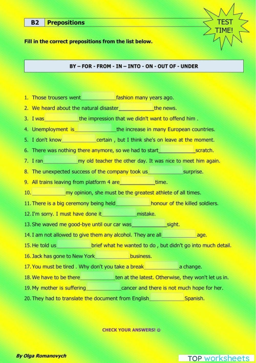 Test Prepositions Mix B1 B2 2 Interactive Worksheet Topworksheets