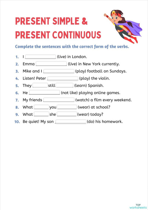 Present Simple Tense VS Present Continuous Tense A2. Interactive worksheet | TopWorksheets