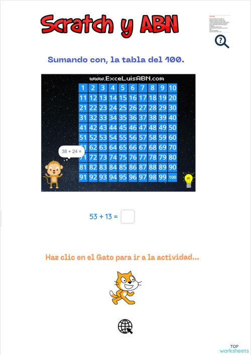 Scratch: Sumar con la tabla del 100.. Ficha interactiva | TopWorksheets