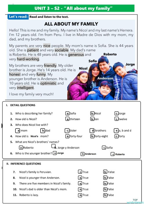 Reading Quiz- Session 2- All about my family- PRE A1. Interactive ...