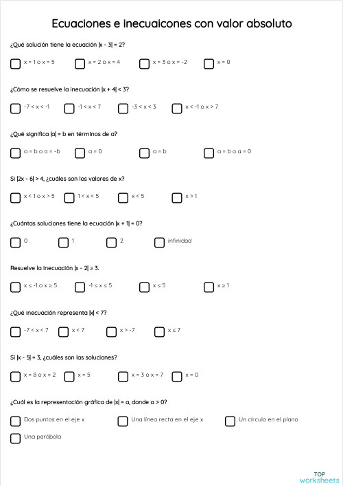 Ecuaciones e inecuaicones con valor absoluto. Ficha interactiva ...