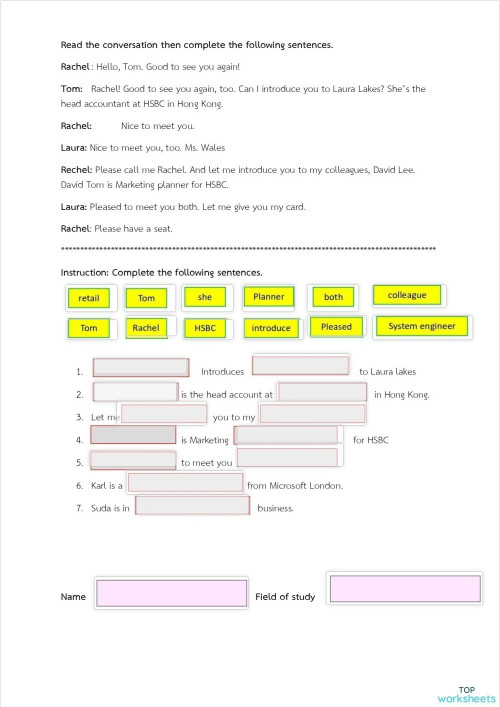 Read conversation then complete the sentences. Interactive worksheet ...