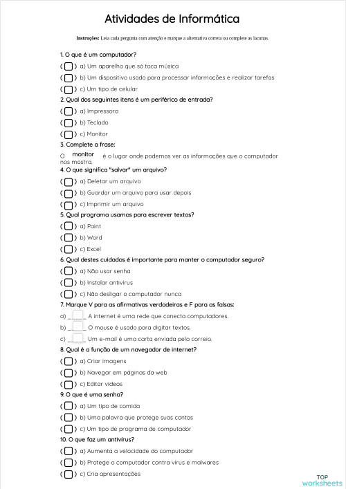 Atividades de Informática. Ficha interativa | TopWorksheets