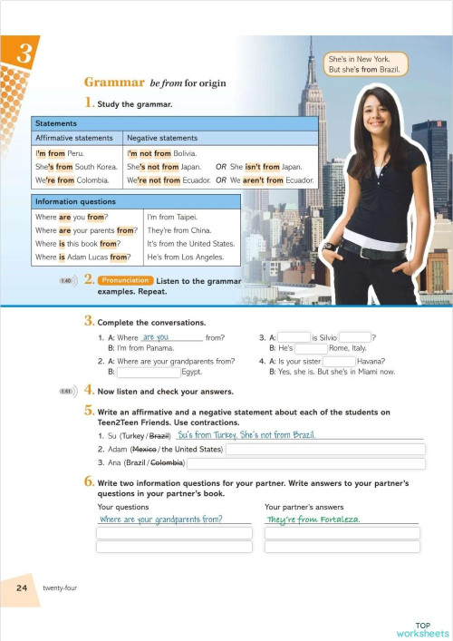 Be + from for origin. Interactive worksheet | TopWorksheets
