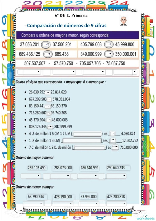 Comparación de números de 9 cifras. Ficha interactiva | TopWorksheets