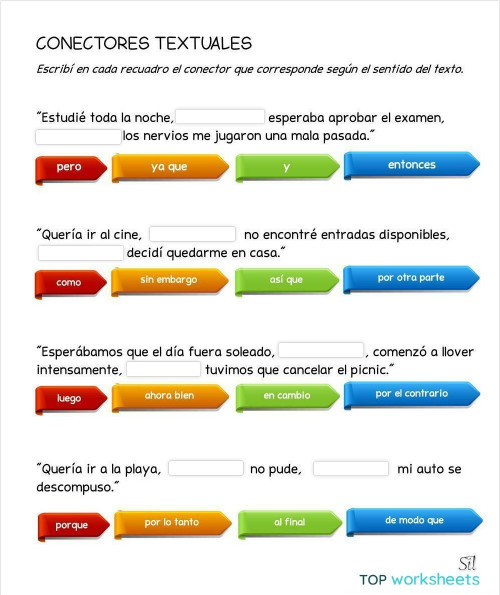 CONECTORES TEXTUALES. Ficha interactiva | TopWorksheets