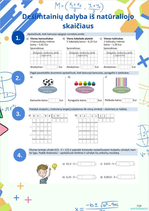 Dešimtainių skaičų dalyba iš natūraliojo skaičiaus. Interactive worksheet | TopWorksheets