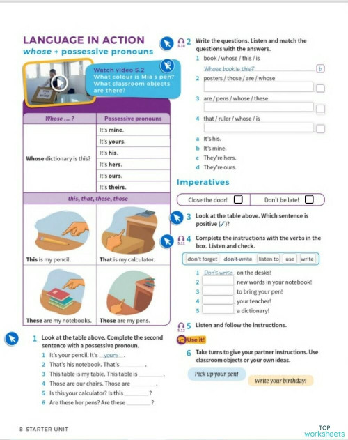 classroom: posessions, instructions, objects. Interactive worksheet ...