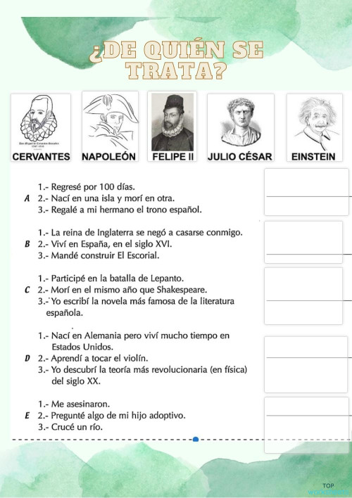 PRETÉRITO PERFECTO SIMPLE: PERSONAJES DE LA HISTORIA. Ficha interactiva ...