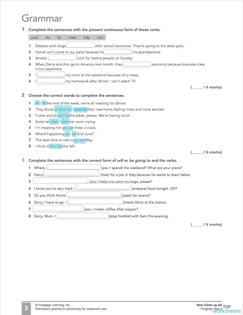 Close-up A2 Progress Test 2 Grammar. Interactive worksheet | TopWorksheets