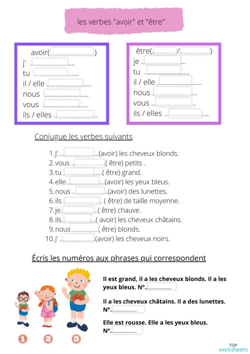 avoir , être, description. Fiche interactive | TopWorksheets