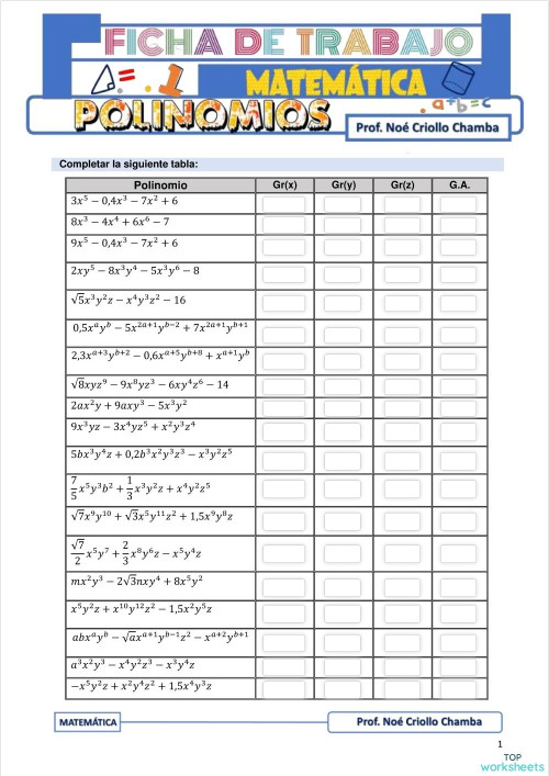 Polinomios Ficha Interactiva Topworksheets