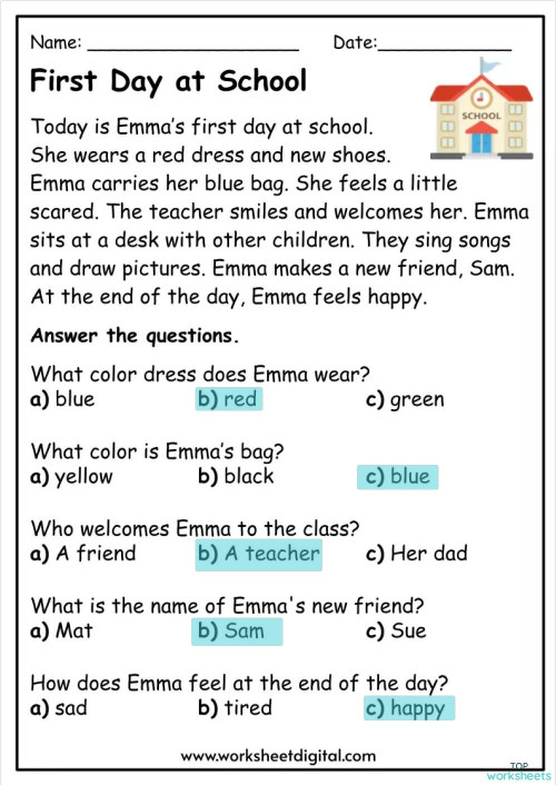 First day at school reading. Interactive worksheet | TopWorksheets