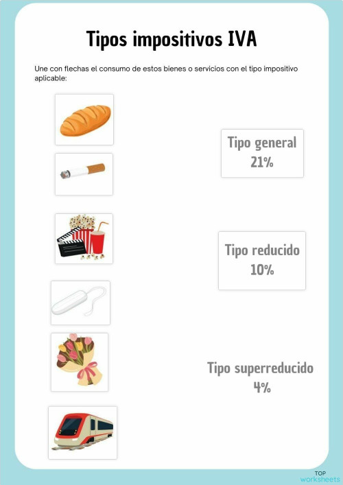 Ejercicio relacionar tipos IVA. Ficha interactiva | TopWorksheets