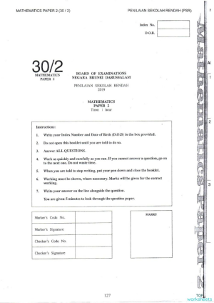 PSR 2019 MATHS PAPER 2 PART 1. Interactive worksheet | TopWorksheets