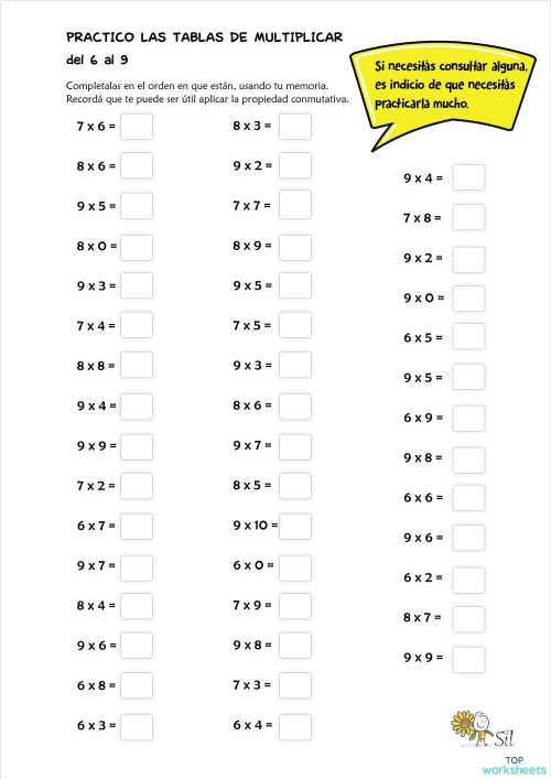 TABLAS DE MULTIPLICAR B1 - del 6 AL 9. Ficha interactiva | TopWorksheets
