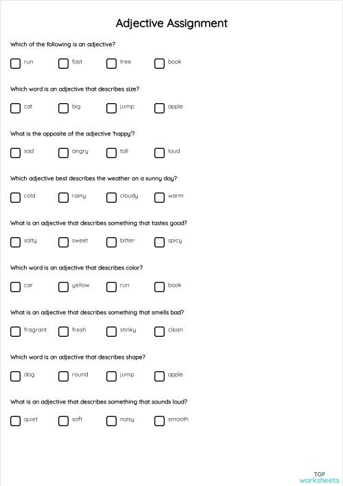 Adjective Assignment. Interactive worksheet | TopWorksheets