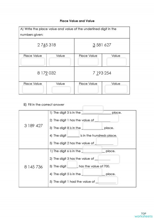 Year 5 Place Value and Value. Interactive worksheet | TopWorksheets