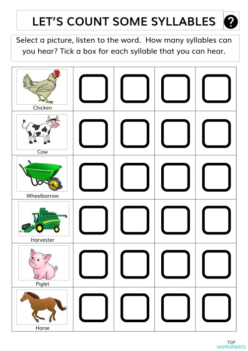 04 Counting Syllables - Farm. Interactive worksheet | TopWorksheets