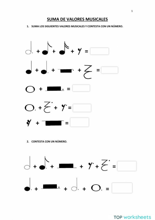 Suma de valores musicales. Ficha interactiva | TopWorksheets