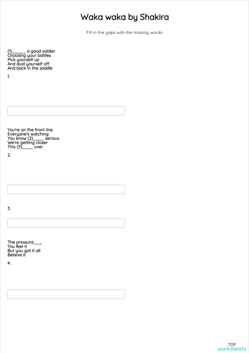 Waka waka by Shakira. Interactive worksheet | TopWorksheets