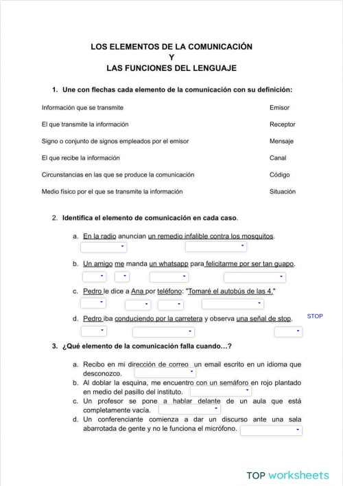 Elementos de la comunicación y funciones del lenguaje. Ficha interactiva | TopWorksheets