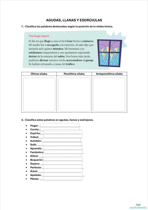 PALABRAS AGUDAS, LLANAS Y ESDRÚJULAS. Ficha interactiva | TopWorksheets