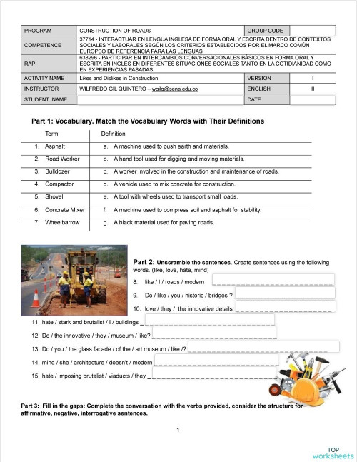 English II_Likes and Dislikes - Road Construction. Interactive ...